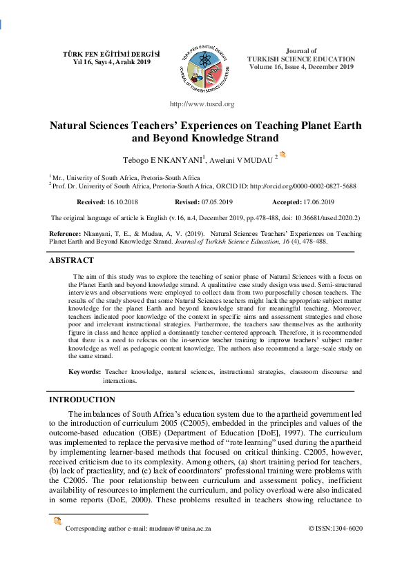 (PDF) Natural Sciences Teachers" Experiences on Teaching Planet Earth ...