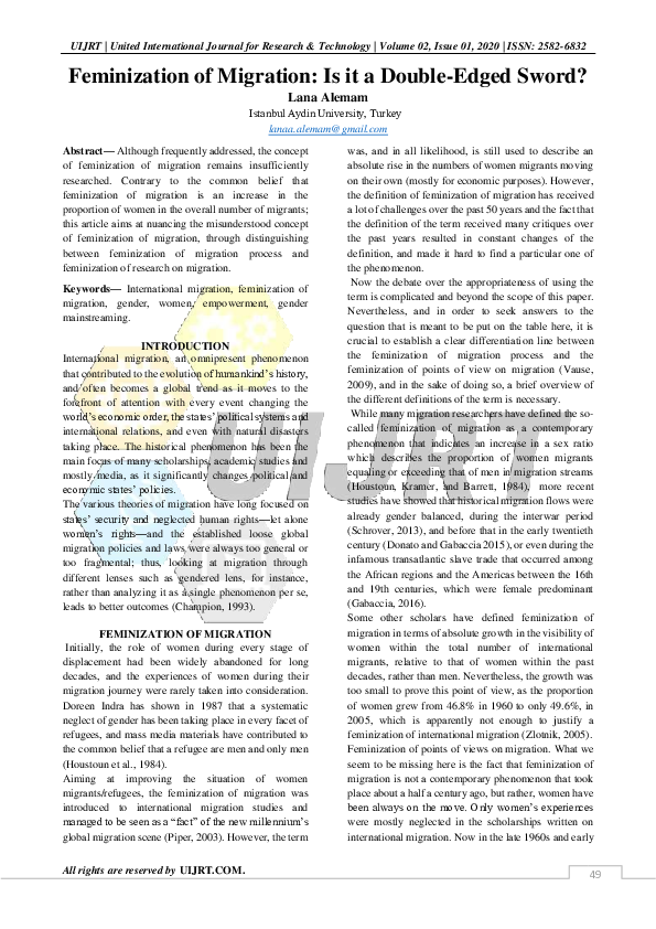 Pdf Feminization Of Migration Is It A Double Edged Sword