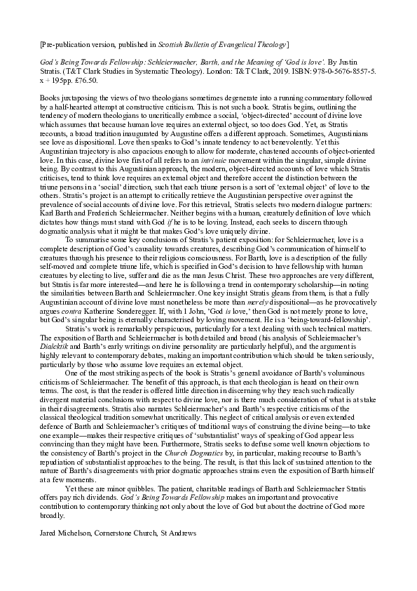 (DOC) Review: Justin Stratis "God's Being Towards Fellowship ...