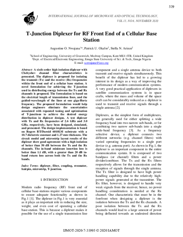 (PDF) T-Junction Diplexer for RF Front End of a Cellular Base Station