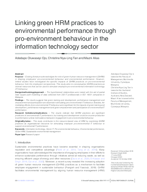 (PDF) Linking green HRM practices to environmental performance through pro-environment behaviour ...