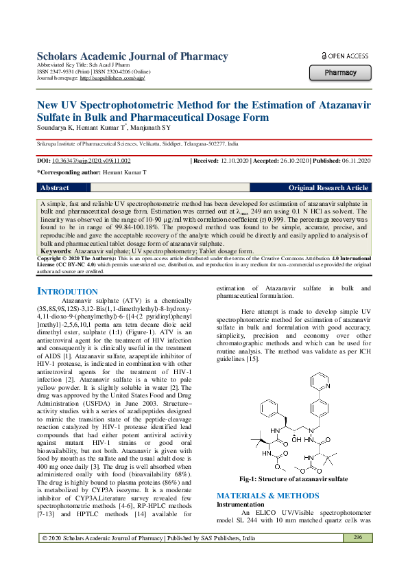 (PDF) New UV Spectrophotometric Method for the Estimation of Atazanavir Sulfate in Bulk and ...