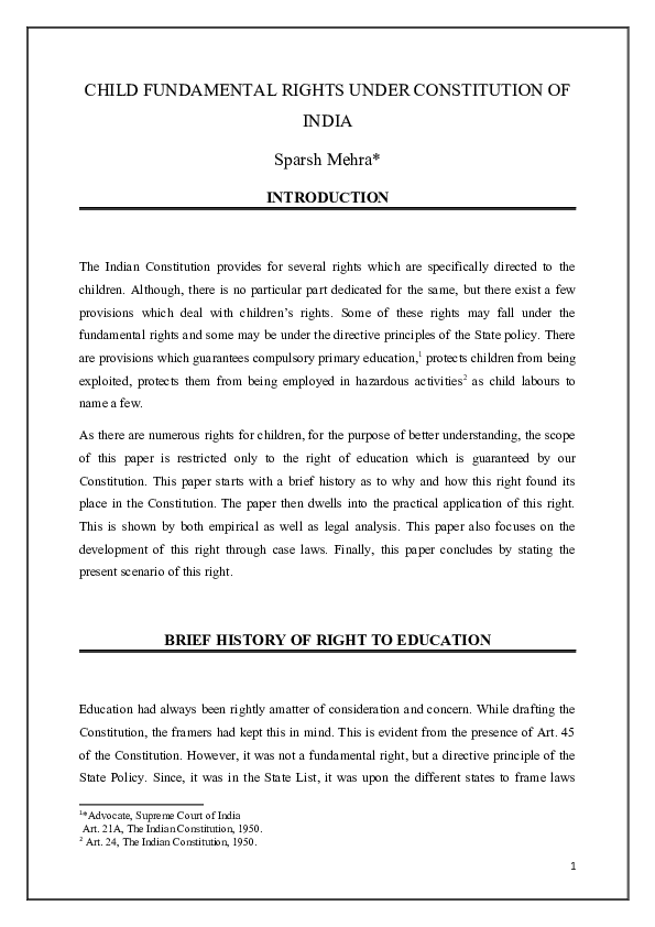 (DOC) CHILD FUNDAMENTAL RIGHTS UNDER CONSTITUTION OF INDIA | Sparsh ...