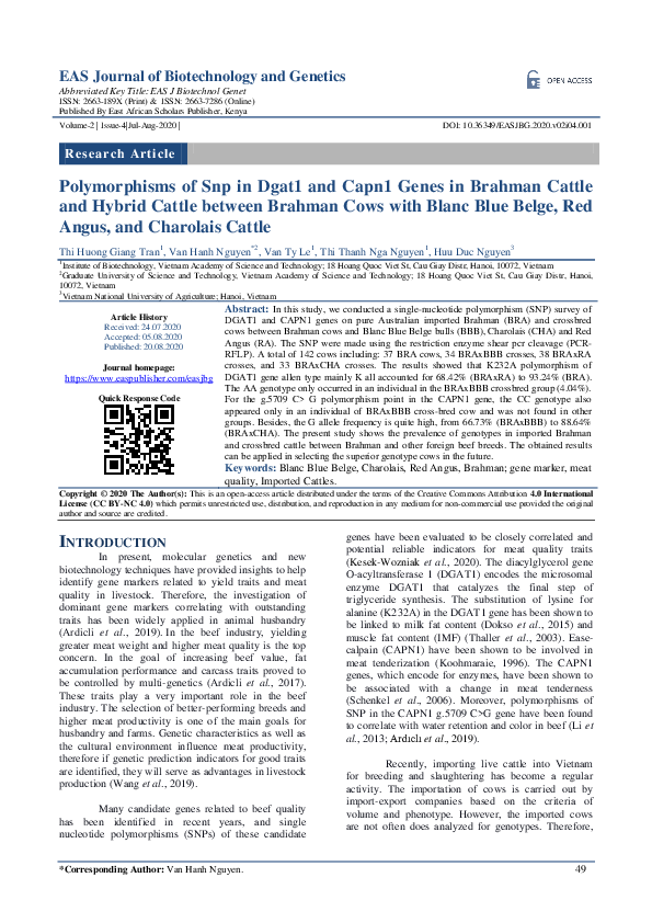 (PDF) Polymorphisms of Snp in Dgat1 and Capn1 Genes in Brahman Cattle ...