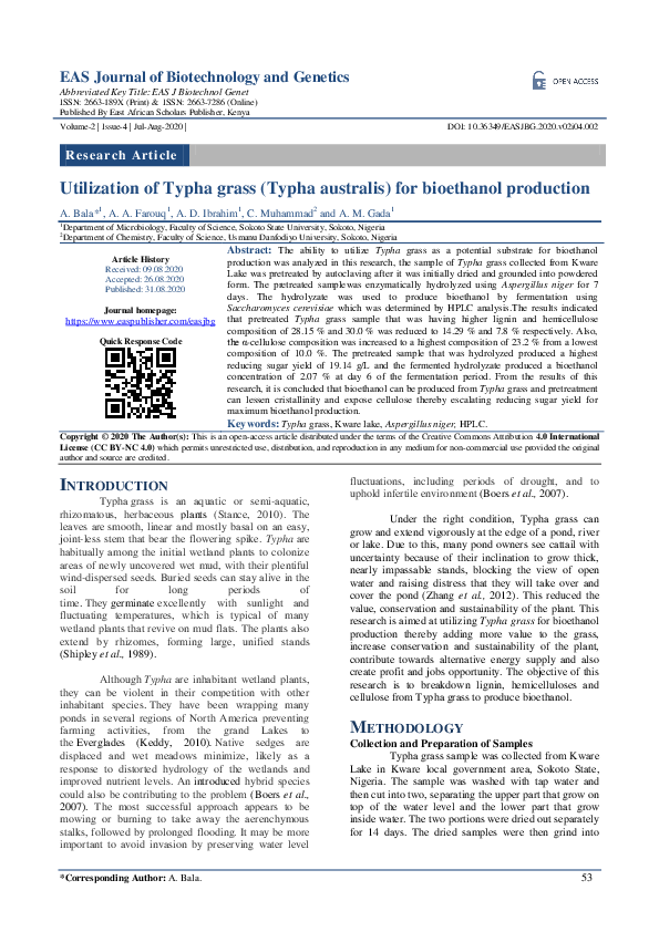 (PDF) Utilization of Typha grass (Typha australis) for bioethanol ...