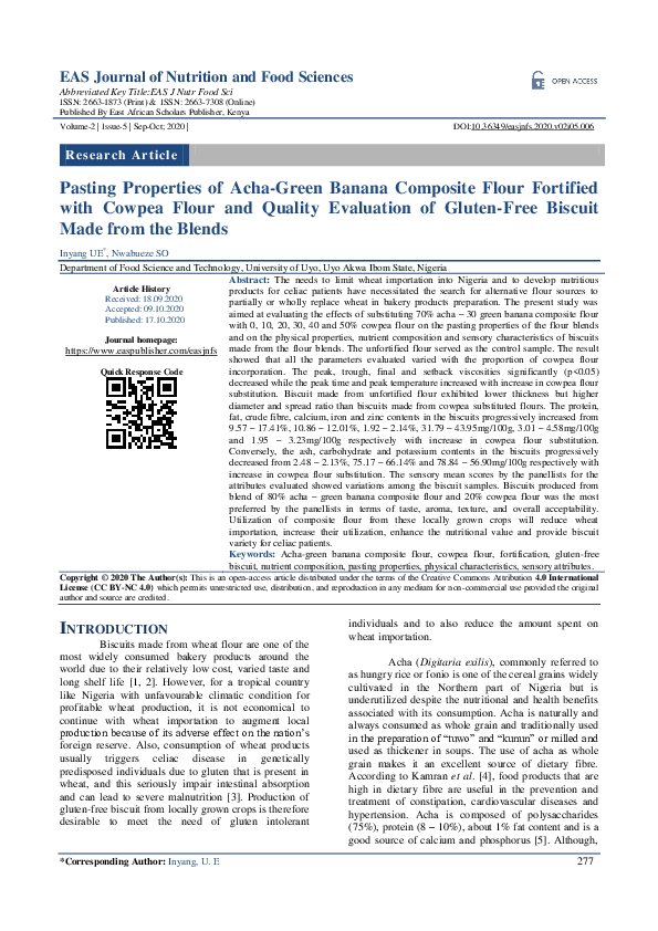 (PDF) Pasting Properties of Acha-Green Banana Composite Flour Fortified with Cowpea Flour and ...