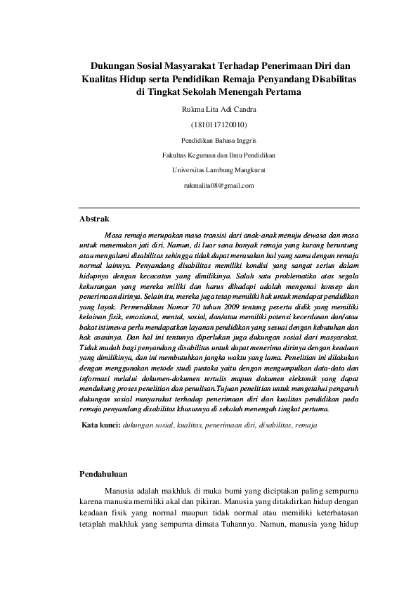 (PDF) Dukungan Sosial Masyarakat Terhadap Penerimaan Diri dan Kualitas Hidup serta Pendidikan ...