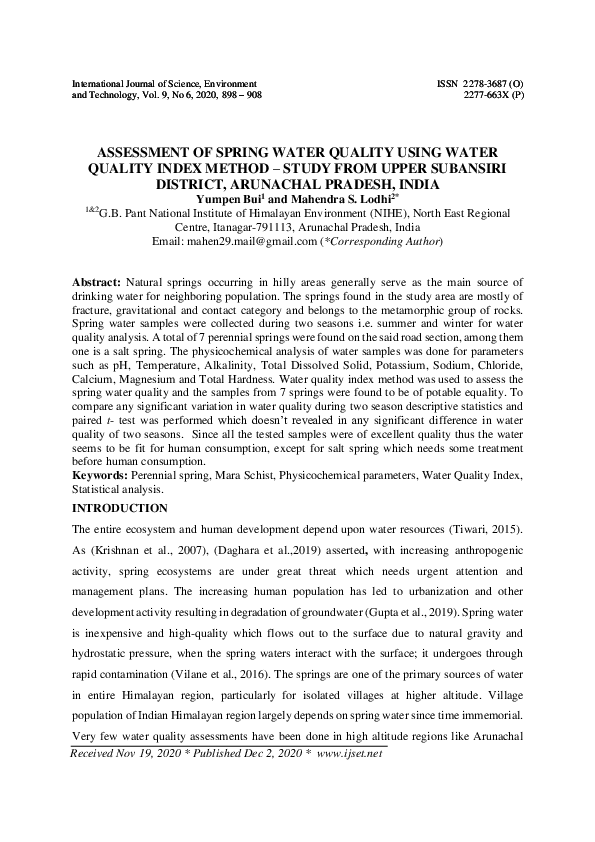 (PDF) ASSESSMENT OF SPRING WATER QUALITY USING WATER QUALITY INDEX ...