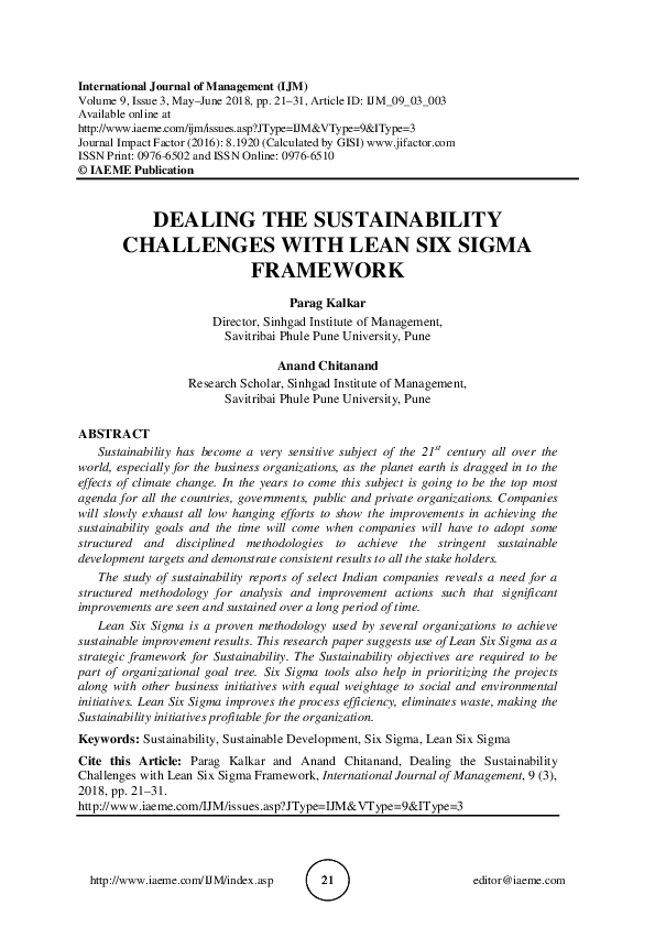 (PDF) Dealing with Sustainability Challenges with Lean Six Sigma Framework