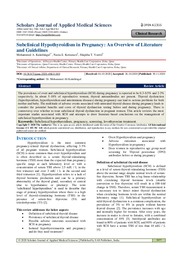 (PDF) Subclinical Hypothyroidism in Pregnancy: An Overview of ...