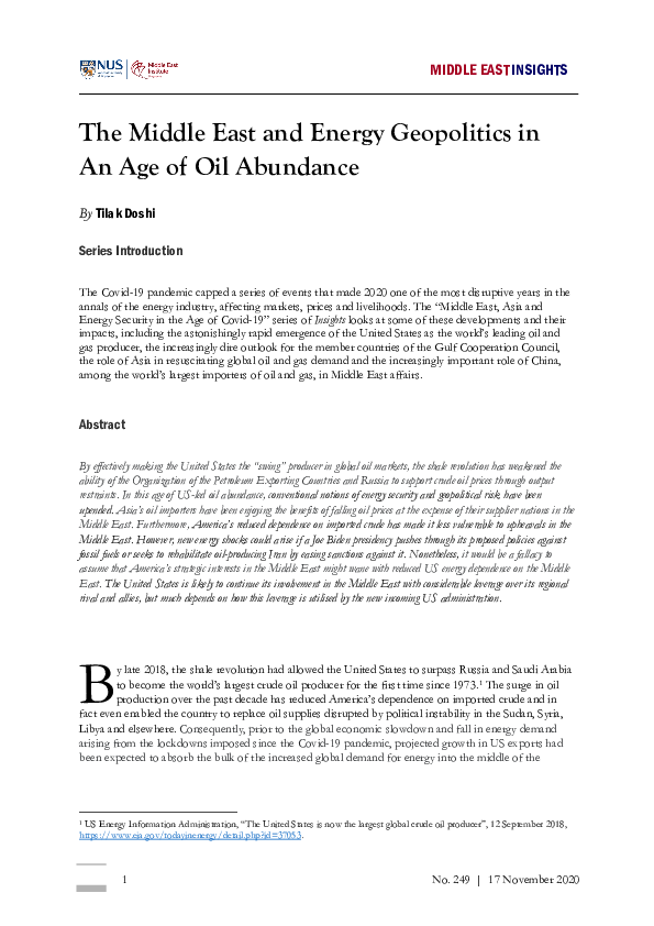 (PDF) The Middle East and Energy Geopolitics in An Age of Oil Abundance