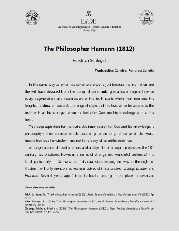(PDF) Friedrich Schlegel - The Philosopher Hamann (1812) Rigel. Revista ...