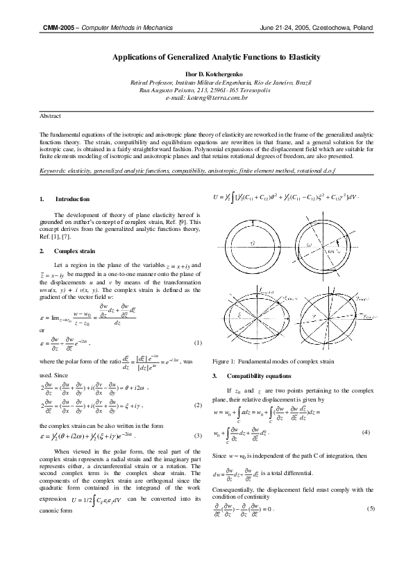 Pdf Applications Of Generalized Analytic Functions To Elasticity