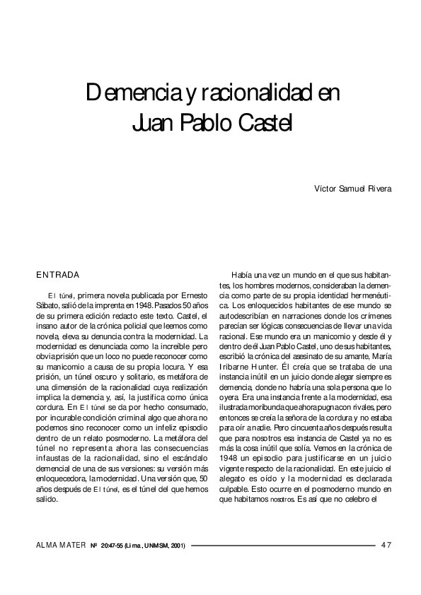 (PDF) Demencia y racionalidad en Juan Pablo Castel