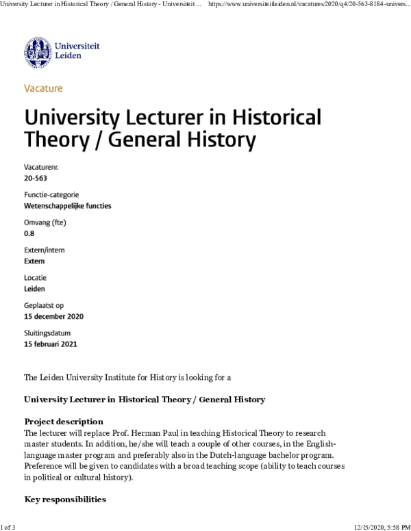 (PDF) University Lecturer in Historical Theory