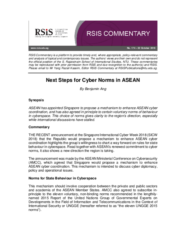 (PDF) Next Steps for Cyber Norms in ASEAN