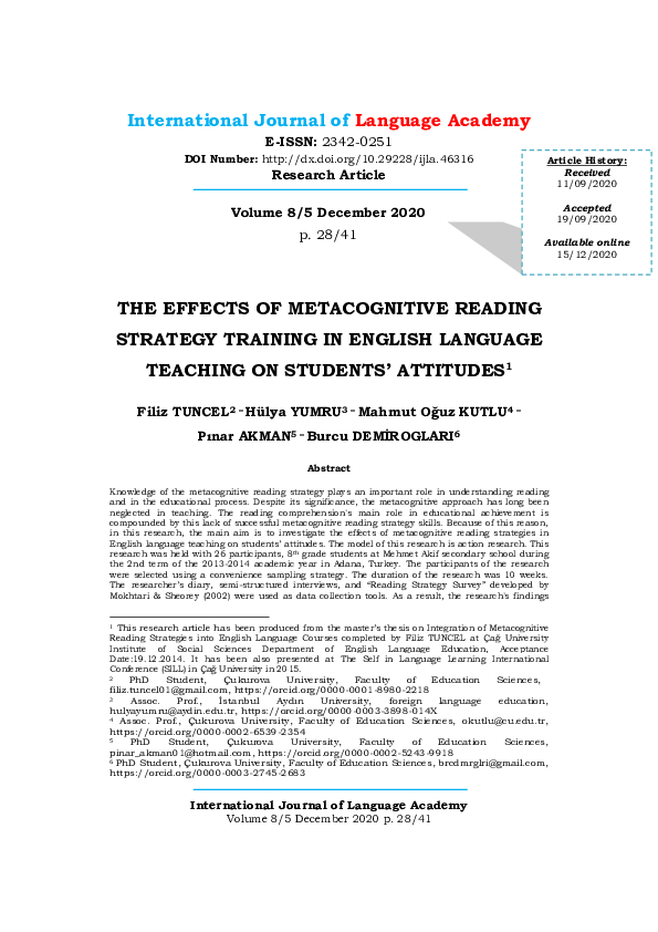 Pdf The Effects Of Metacognitive Reading Strategy Training In English Language Teaching On
