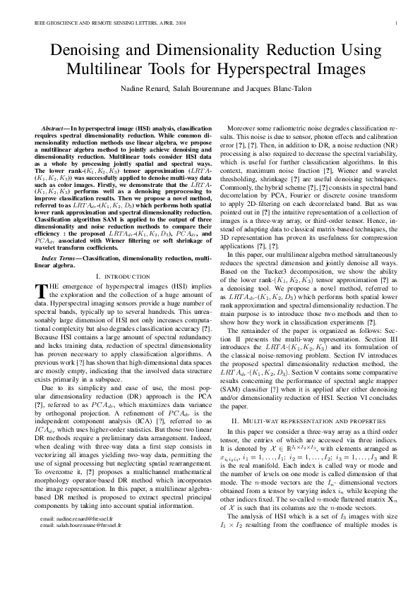 (PDF) Denoising and dimensionality reduction using multilinear tools for hyperspectral images