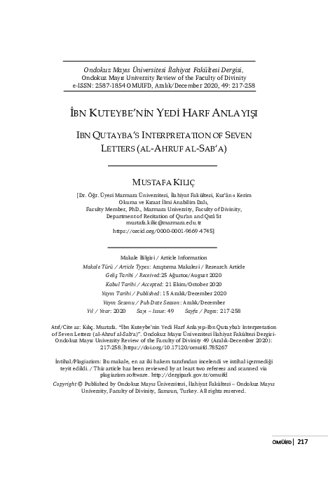(PDF) İBN KUTEYBE'NİN YEDİ HARF ANLAYIŞI IBN QUTAYBA'S INTERPRETATION ...