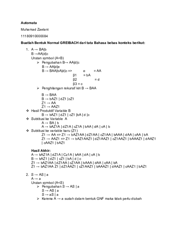 (DOC) Greibach tata bahasa bentuk normal greibach