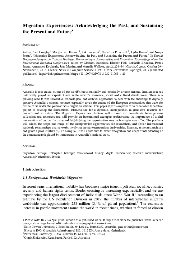 (PDF) Migration Experiences: Acknowledging the Past, and Sustaining the ...