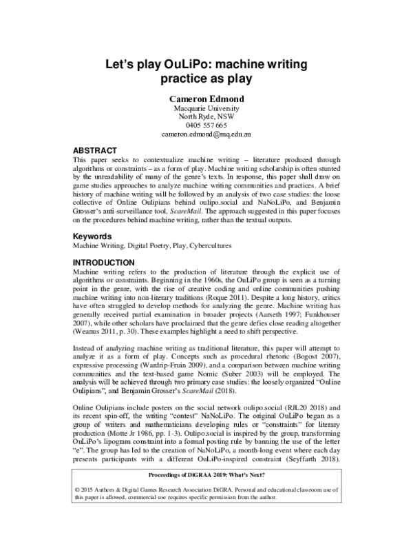 (PDF) Let’s play OuLiPo: machine writing practice as play