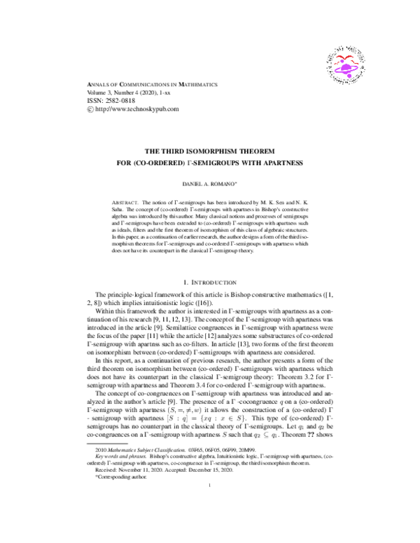 (PDF) THE THIRD ISOMORPHISM THEOREM FOR (CO-ORDERED) Γ-SEMIGROUPS WITH APARTNESS