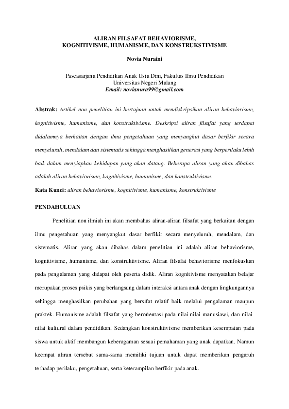 (PDF) Aliran Filsafat Behaviorisme, Kognitivisme, Humanisme, dan Kosntruktivisme