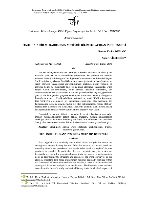 (PDF) FUZÛLÎ'NİN BİR MURABBASININ METİNDİLBİLİMSEL AÇIDAN İNCELENMESİ