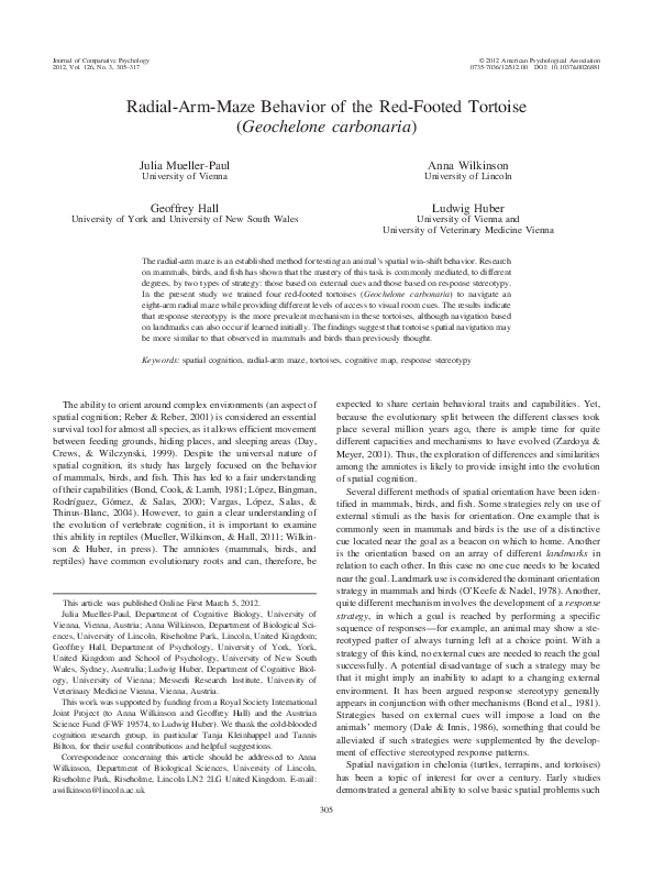 (PDF) Radial-arm-maze behavior of the red-footed tortoise (Geochelone carbonaria)