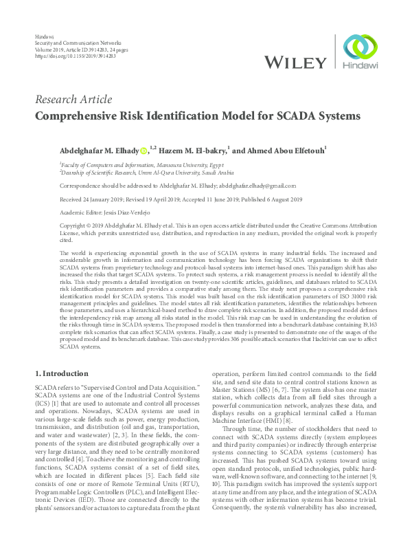 (PDF) Comprehensive Risk Identification Model for SCADA Systems