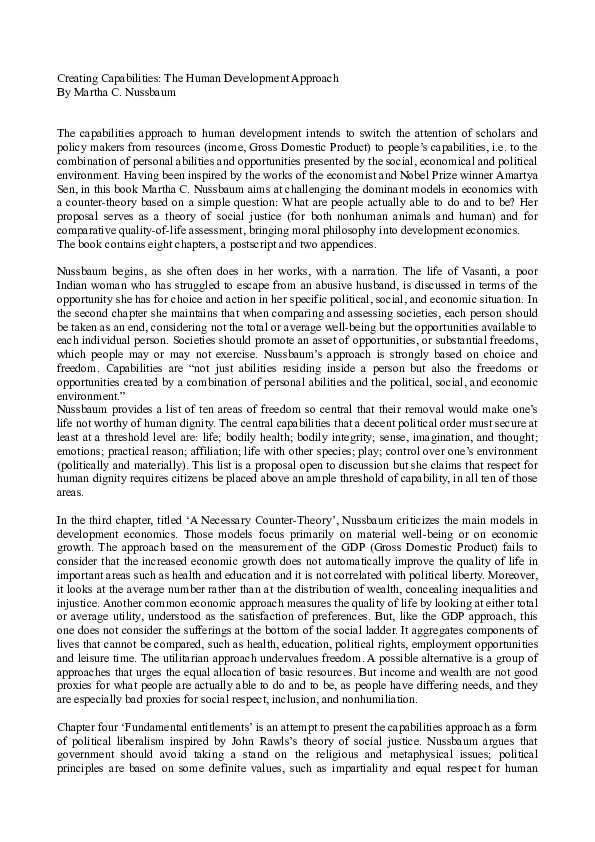 Review of Martha Nussbaum, Creating Capabilities: The Human Development ...