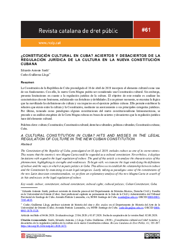(PDF) ¿Constitución cultural en Cuba? Aciertos y desaciertos de la regulación jurídica de la ...