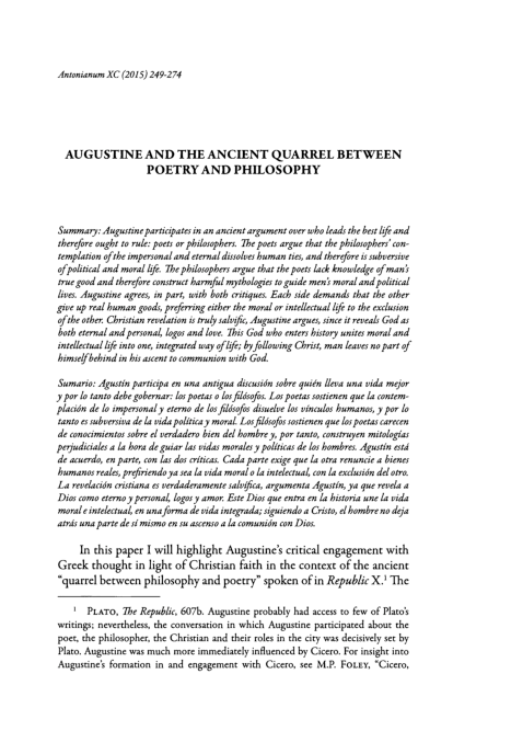 (PDF) Augustine and the ancient quarrel between poetry and philosophy ...