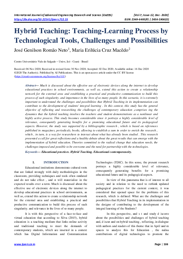 (PDF) Hybrid Teaching: Teaching-Learning Process by Technological Tools ...