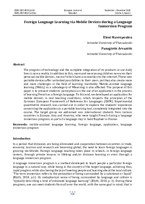 Pdf Foreign Language Learning Via Mobile Devices During A Language Immersion Program
