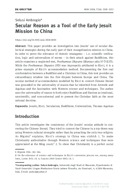 (PDF) Secular Reason as a Tool of the Early Jesuit Mission to China