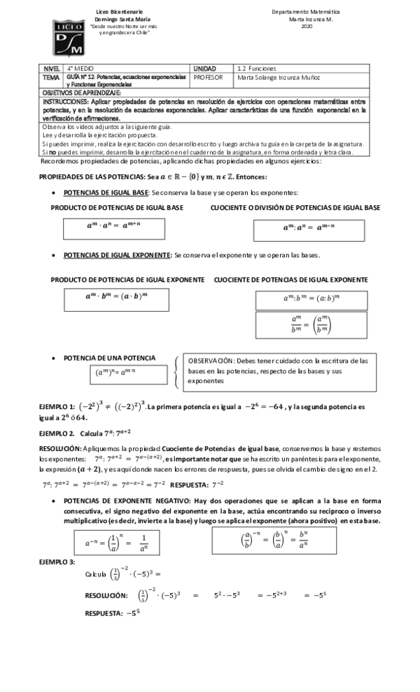 (PDF) GUIA 12 POTENCIAS ECUACIONES EXPONENCIALES Y FUNCIONES EXPONENCIALES