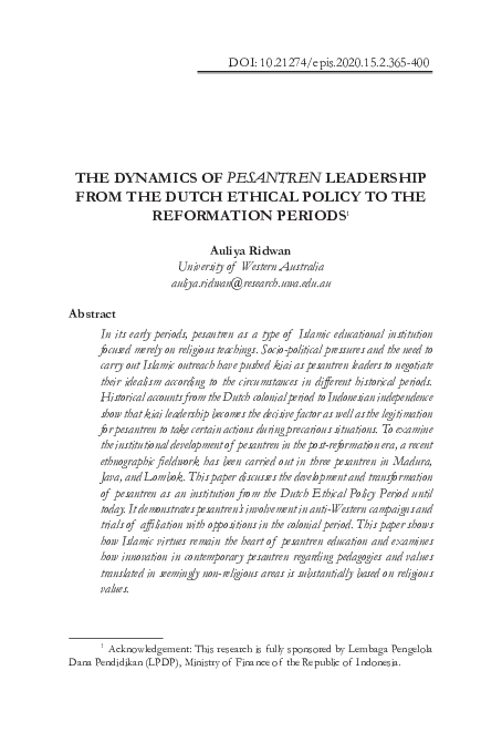 (PDF) THE DYNAMICS OF PESANTREN LEADERSHIP FROM THE DUTCH ETHICAL ...