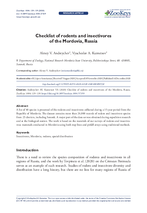 (PDF) Checklist of rodents and insectivores of the Mordovia, Russia