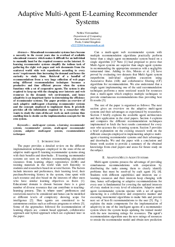 (PDF) Adaptive Multi-Agent E-Learning Recommender Systems