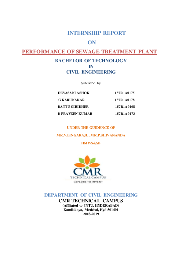 (PDF) INTERNSHIP REPORT ON PERFORMANCE OF SEWAGE TREATMENT PLANT ...