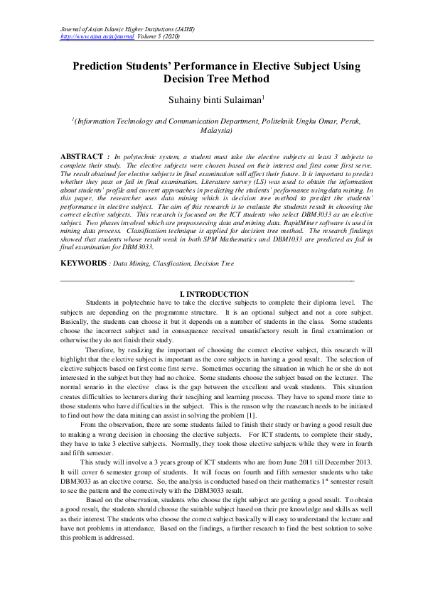 (PDF) Prediction Students' Performance in Elective Subject Using Decision Tree Method