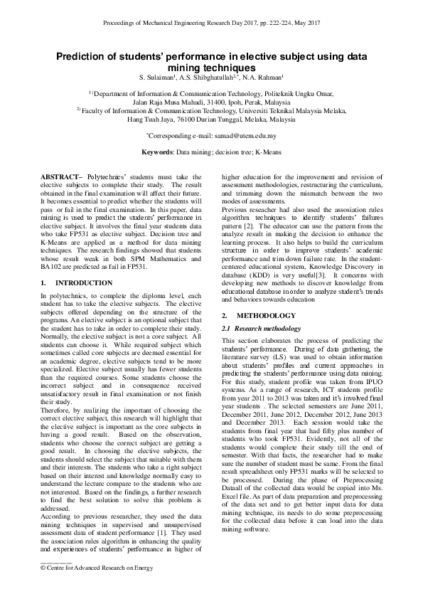 (PDF) Prediction of students' performance in elective subject using ...