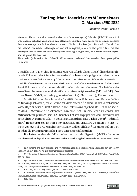 (PDF) Zur fraglichen Identität des Münzmeisters Q. Marcius (RRC 283 ...
