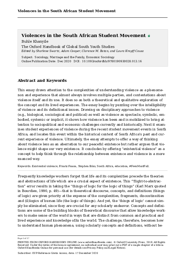 (PDF) Violences in the South African Student Movement - Oxford Handbooks