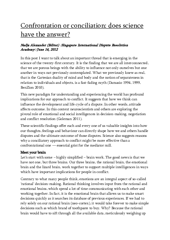 (PDF) Confrontation or conciliation: does science have the answer?
