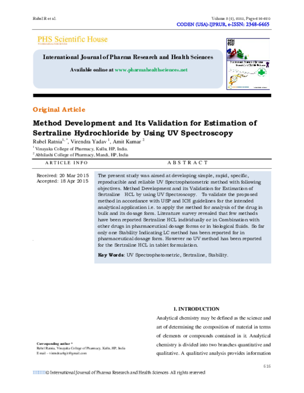 Pdf Method Development And Its Validation For Estimation Of Sertraline Hydrochloride By Using