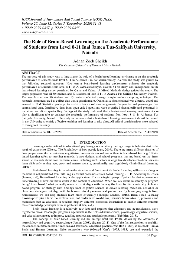 (PDF) The Role of Brain-Based Learning on the Academic Performance of ...