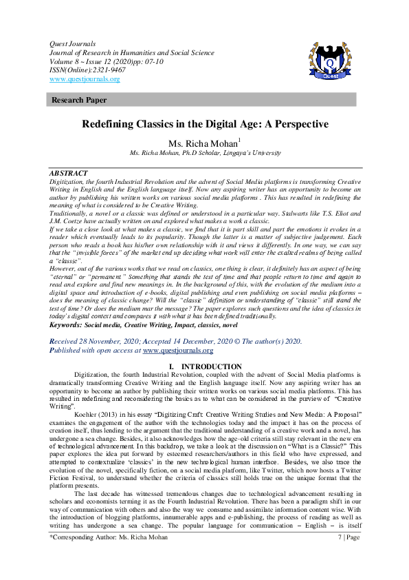 (PDF) Redefining Classics in the Digital Age: A Perspective